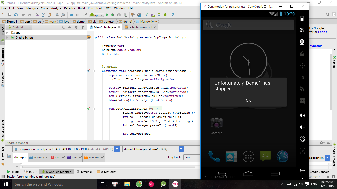 Code Android bị lỗi RuntimeException: Unable to start activity ...
