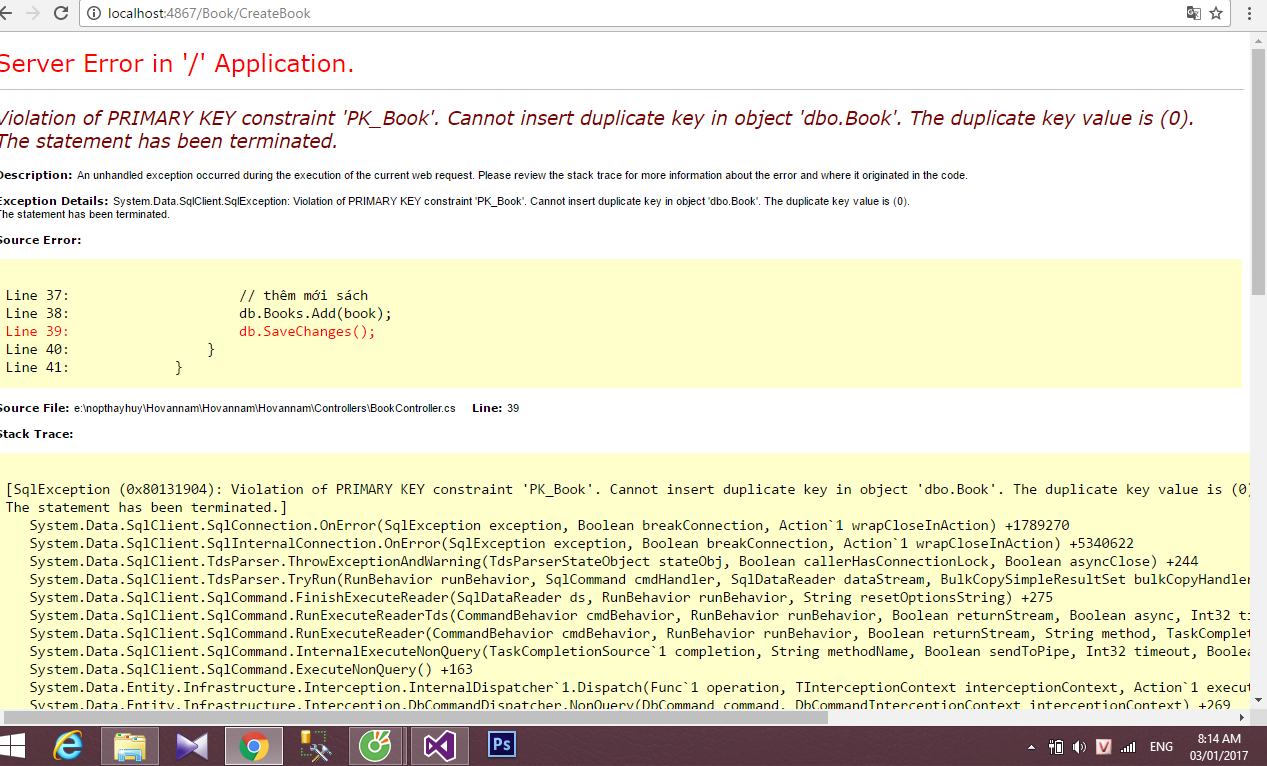 Lỗi db.SaveChanges(); thêm mới sách trong asp - programming - Dạy Nhau Học