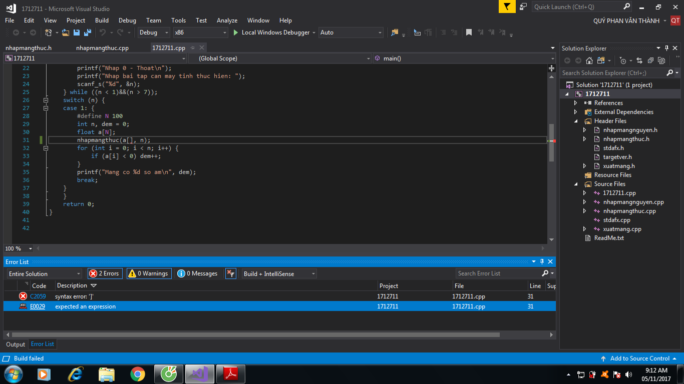 Code bị lỗi "syntax error: ']'" và "expected an expression ...